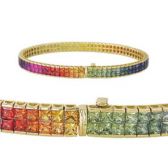 Rainbow Sapphire Double Row Invisible Set Tennis Bracelet 14k Yellow